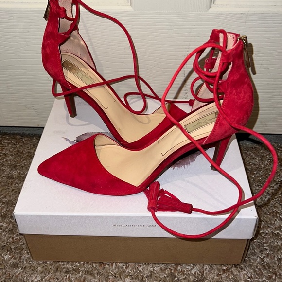 Jessica Simpson | Shoes | Jessica Simpson Red Velvet Heels Tie Around ...